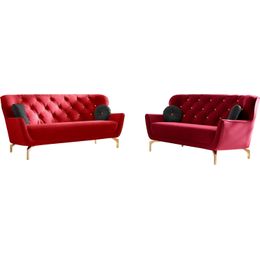 Sit & More Polstergarnitur SIT & MORE "Orient 3", rot, Samtoptik, 3-Sitzer + 2-Sitzer, 100% Polyester, Sitzm&ouml;bel-Sets, inkl. 4 Zierkissen mit Strass-Stein, goldfarbene Metallf&uuml;&szlig;e