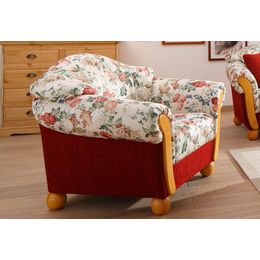 Sessel Home Affaire "Milano, bequemer Loungesessel, Landhaus-Stil, Holz-Chatosen und -F&uuml;&szlig;e", rot (rot, gebl&uuml;mt), B:102cm H:83cm T:81cm, Chenille (70% Polyacryl, 30% Polyester) auf Korpus und Zierkissen, Sitz und R&uuml;cken im Blumenmuster &raquo;Paradise&laquo; (100% Polyester);Chenille (70% Polyacryl, 30% Polyester), Sessel, Sessel