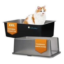Lucky-Kitty Katzentoilette XXL (Edelstahl Schwarz) + Haube (Schwarz transparent)