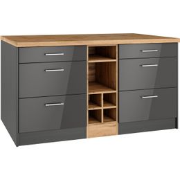 K&uuml;cheninsel KOCHSTATION "KS-Milan", grau (k&uuml;che: grau, front: grau hochglanz, korpus: grafitgrau, arbeitsplatte: wotaneiche), B:153cm H:86cm T:100cm, Komplettk&uuml;chen-Sets, Stellma&szlig; 153/100 cm, viel Stauraum, Lebensmittelpunkt: K&uuml;che
