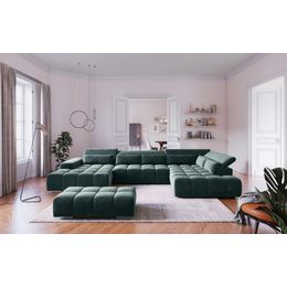 Wohnlandschaft COTTA "Orion U-Form, B: 409 cm", hunter, B:409cm H:73cm T:225cm, 100% Polyester, Sofas, Wohnlandschaft, mit Kopfteilverstellung & 6 Nierenkissen