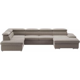 Sit & More Wohnlandschaft SIT & MORE "Valantine U-Form, B: 349 cm", grau (stone), B:349cm H:73cm T:226cm, 100% Polyester, Sofas, Wohnlandschaft, mit Arm- & Kopfteilverstellung, optional mit Bettfunktion