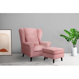 Sessel Home Affaire "Ohrensessel CHISTELLE, wahlweise mit Polsterhocker", rosa, B:81cm H:99cm T:87cm, 100% Polyester, Sessel, Sessel, mit Wellenunterfederung, Ma&szlig;e: B/T/H: 81/87/99 cm