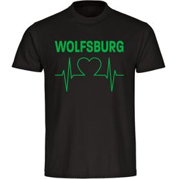 multifanshop Herren T-Shirt - Wolfsburg - Herzschlag - Druck gr&uuml;n - M&auml;nner