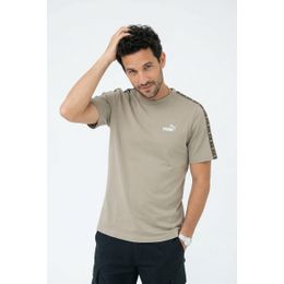 T-Shirt Puma "ESS TAPE TEE", Herren, Gr. S, beige (lux army), Jersey, Obermaterial: 100% Baumwolle, bedruckt, regular fit normal, Rundhals, Shirts T-Shirt, sportlicher Stil, Kurzarm, aus Baumwolle