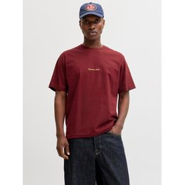 Jack & Jones Rundhalsshirt JACK & JONES "JORNORREBRO EMB TEE SS CREW NECK NOOS", Herren, Gr. M, cabernet, Jersey, Obermaterial: 100% Baumwolle, bedruckt, relaxed fit normal, Rundhals, gerader Abschluss, Shirts Rundhalsshirt, Baumwolle, locker geschnitten