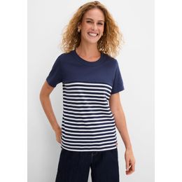 T-Shirt bonprix, Damen, Gr. 44/46 (L), blau (dunkelblau gestreift), Jersey, Obermaterial: 100% Baumwolle, gestreift, loose fit normal, Rundhals, Shirts T-Shirt, lockere Passform, Kurzarm-Design, mit Rundhalsausschnitt