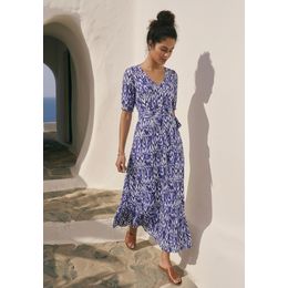 Jerseykleid Tamaris, Damen, Gr. 34, N-Gr, blau (blau gemustert), Single Jersey, Obermaterial: 95% Viskose, 5% Elasthan, gebl&uuml;mt, figurumspielend kn&ouml;chellang, V-Ausschnitt, Puff&auml;rmel Volant mit Gummizug, Kleider Jerseykleid, mit verspielten &Auml;rmeln, figurumspielende Passform