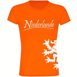 multifanshop Damen T-Shirt - Niederlande - L&ouml;we seitlich - Druck wei&szlig; - Frauen