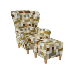 Supellex Sofia Ohrensessel mit Hocker Design kariert Beige-Ocker?