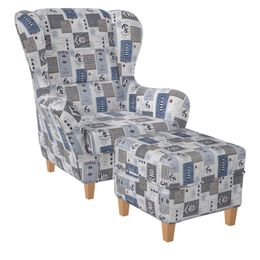 Supellex Sofia Ohrensessel mit Hocker Design Patchwork maritime Motive?
