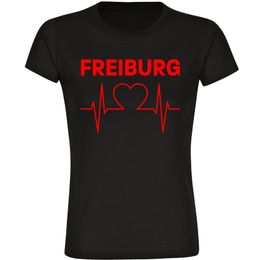 multifanshop Damen T-Shirt - Freiburg - Herzschlag - Druck rot - Frauen