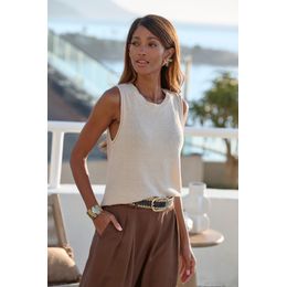 Stricktop French Connection "aus leichtem B&auml;ndchengarn", Damen, Gr. 32/34, beige (sand), Strick, Obermaterial: 55% Polyacryl, 45% Polyamid, unifarben, figurumspielend h&uuml;ftlang, Rundhals, Tops Stricktop, Sommertop, gestricktes Top, leichter Sommerstrick, Basic