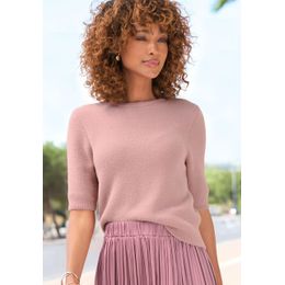 Kurzarmpullover Lascana "mit figurnahem Schnitt aus weichem Strick", Damen, Gr. 32/34, mauve, Rippstrick, Obermaterial: 52% Polyamid, 30% Viskose, 18% Polyester, unifarben, figurbetont h&uuml;ftlang, Rundhals, Pullover, Sommerpullover, flauschiger Strickpullover, Basicpullover, Halbarm