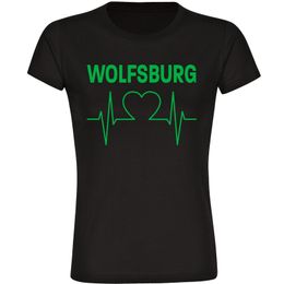 multifanshop Damen T-Shirt - Wolfsburg - Herzschlag - Druck gr&uuml;n - Frauen