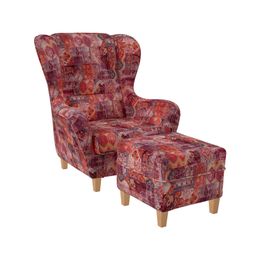 Supellex Sofia Ohrensessel mit Hocker Patchwork, Samt-Velours, Orient Rot?