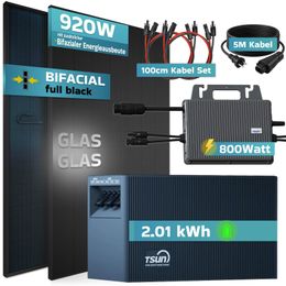 SUNNIVA&reg; 920W Balkonkraftwerk mit 2,01 kWh Speicher TSUN SOLARCAN TSOL-DCU2000Lite, BIFAZIAL FULLBLACK komplett Steckdose, PV Solaranlage Komplettset mit Solarspeicher, 2x 460W Glas-Glas Bifacial