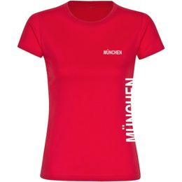 multifanshop Damen T-Shirt - M&uuml;nchen rot - Brust & Seite - Druck wei&szlig; - Frauen