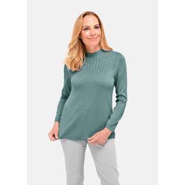 Rundhalspullover GOLDNER "Kurzgr&ouml;&szlig;e Eleganter Ajourpullover mit Stehbund", Damen, Gr. 20, gr&uuml;n (graugr&uuml;n), Obermaterial: 100% Polyacryl PAN., eng, Pullover Rundhalspullover, aufwendiger Ajourstrick in Zopfoptik