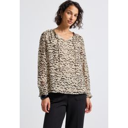Langarmbluse Street One, Damen, Gr. 36, beige (morning beige), Stoff, Obermaterial: 100% Polyester. Futter: 100% Modal, gemustert, normal normal, Rundhals, gesmokt, Blusen, mit R&uuml;schendetails
