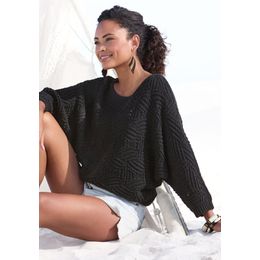 Fledermauspullover Lascana "mit aufwendigem Strickmuster, Lochstrickmuster", Damen, Gr. 32/34, schwarz, Strick, Obermaterial: 60% Baumwolle, 40% Polyacryl, unifarben, figurumspielend h&uuml;ftlang, U-Boot-Ausschnitt, Fledermaus&auml;rmel, Pullover, modischer Ajourpullover, Oversize-Pullover, Strickpullover, Fr&uuml;hling
