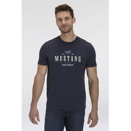 T-Shirt Mustang "Style Alex C Print", Herren, Gr. M (48/50), blau (mood indigo), Jersey, Obermaterial: 100% Baumwolle, regular fit, Rundhals, Shirts T-Shirt, Regular Fit, Kurzarm-Design, Casual Stil