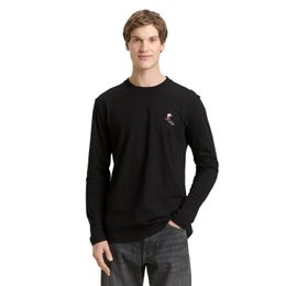 Langarmshirt Tom Tailor Denim, Herren, Gr. L, schwarz, Jersey, Obermaterial: 100% Baumwolle, bestickt, l&auml;ssig geschnitten h&uuml;ftbedeckend, Rundhals, Shirts Langarmshirt, mit Logo-Stickerei auf der Brust