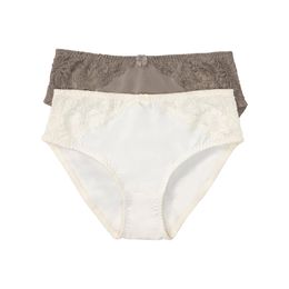Maxislip bonprix, Damen, Gr. 40/42 (M), 2 Stk., beige (creme, taupe), Obermaterial: 80% Polyamid, 20% Elasthan. Netzfutter: 90% Polyamid, 10% Elasthan. Spitze: 87% Polyamid, 13% Elasthan, Unterhosen, &uuml;ber die H&uuml;fte gef&uuml;hrt, mit floraler Spitze auf der Vorderseite