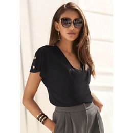 Kurzarmshirt Lascana "mit goldfarbenen Zierkn&ouml;pfen auf den Schultern", Damen, Gr. 32/34, schwarz, Jersey, Obermaterial: 65% Polyester, 30% Viskose, 5% Elasthan, unifarben, figurumspielend h&uuml;ftlang, V-Ausschnitt, Shirts, V-Shirt, Jerseyshirt, Basic, T-Shirt