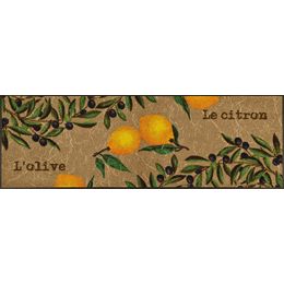 K&uuml;chenl&auml;ufer "Le Citron" Gr. 18, bunt (beige, gelb), B:75cm H:7mm L:120cm, Kunstfaser, wash+dry by Kleen-Tex, Teppiche, Teppich, Motiv Oliven & Zitronen, rutschhemmend, waschbar, K&uuml;che