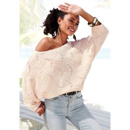 Fledermauspullover Lascana "mit aufwendigem Strickmuster, Lochstrickmuster", Damen, Gr. 32/34, beige, Strick, Obermaterial: 60% Baumwolle, 40% Polyacryl, unifarben, figurumspielend h&uuml;ftlang, U-Boot-Ausschnitt, Fledermaus&auml;rmel, Pullover, modischer Ajourpullover, Oversize-Pullover, Strickpullover, Fr&uuml;hling