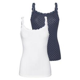 Unterhemd Lascana, Damen, Gr. 40/42, N-Gr, blau (marine, gepunktet, wei&szlig;, uni), Single Jersey, Obermaterial: 95% Baumwolle, 5% Elasthan. Spitze: 87% Polyamid, 13% Elasthan, gepunktet, unifarben, tiefer Rundhals, Unterhemden Unterhemd, mit zarter Spitze, Unterziehshirt, Spaghettitr&auml;ger-Top