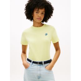 Kurzarmshirt Tommy Hilfiger "TH SCRIPT REGULAR C-NECK SHORT SLEEVE TEE", Damen, Gr. M (40), faded fluro, Single Jersey, Obermaterial: 95% Baumwolle, 5% Elasthan, unifarben, gerade normal, Rundhals, abgesteppte Kante, Shirts