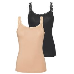 Unterhemd Lascana, Damen, Gr. 40/42, N-Gr, beige (beige, schwarz), Single Jersey, Obermaterial: 95% Baumwolle, 5% Elasthan. Spitze: 87% Polyamid, 13% Elasthan, unifarben, festlich, tiefer Rundhals, Unterhemden Unterhemd, aus elastischer Baumwolle mit zarter Spitze, Spaghettitr&auml;ger-Top