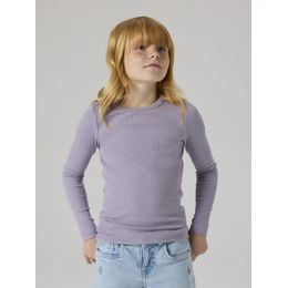 Langarmshirt name it "NKFNAKAL LS TOP NOOS", M&auml;dchen, Gr. 122/128, lavender gray, Jersey, Obermaterial: 95% Baumwolle, 5% Elasthan, unifarben, normal h&uuml;ftlang, Rundhals, abgesteppte Kante, Shirts Langarmshirt, in Basic-Form und leicht gerippter Qualit&auml;t