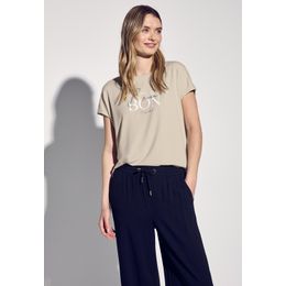 T-Shirt Street One, Damen, Gr. 46, beige (moonstone sand), Stoff, 95% Viskose, 5% Elasthan, bedruckt, gerade normal, Rundhals, B&uuml;ndchen, Shirts T-Shirt, aus softem Materialmix