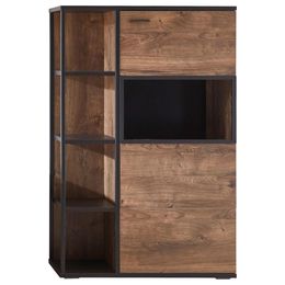 Cantus Highboard Bastian, Schwarz, Eiche, Dunkelgrau, Metall, Glas, Holzwerkstoff, 6 F&auml;cher, 90x140x37 cm, Beim&ouml;bel erh&auml;ltlich, stehend, Wohnzimmer, Kommoden & Sideboards, Highboards