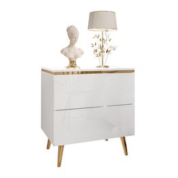 NACHTTISCH AURORA II auf schr&auml;ge Gold Chrom Beine Wei&szlig; / Wei&szlig; hochglanz