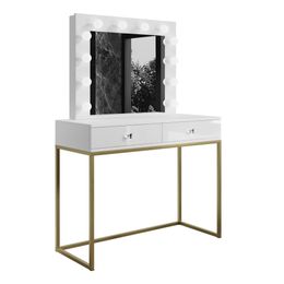 SCHMINKTISCH BLANCO GOLD mit Spiegel und Beleuchtung Wei&szlig; Kristallgriff