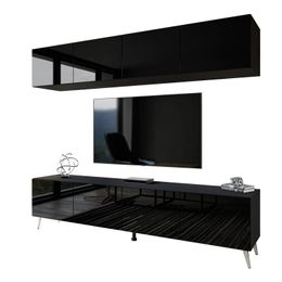 WOHNW&Auml;NDE AURA PUSH-OPEN Schwarz Hochglanz mit LED-Beleuchtung &ndash; F&uuml;&szlig;e in Chrom