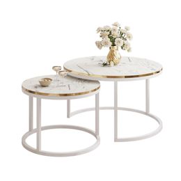 COUCHTISCH Set SOLEIL 2in1, rund, Wei&szlig; Marmor-Optik und Wei&szlig; Gestell