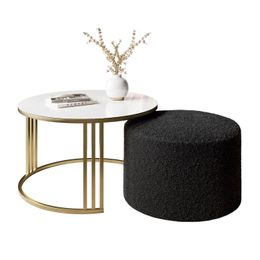 COUCHTISCH mit Hocker LORI GLASS geb&uuml;rstetes Gold/wei&szlig;es Glas/Coral 60
