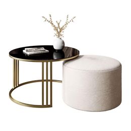 COUCHTISCH mit Hocker LORI GLASS geb&uuml;rstetes Gold/schwarzes Glas/Perfect Harmony 01