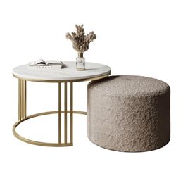 COUCHTISCH mit Hocker LORI MAT geb&uuml;rstetes Gold/Marmor Levanto/Coral 50
