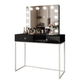 SCHMINKTISCH BLANCO LOFT ELITE mit Spiegel und Beleuchtung Schwarz Hochglanz Kristallgriff