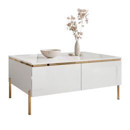 COUCHTISCH AURORA mit Staufach Wei&szlig; / Wei&szlig; hochglanz mit gerade Goldchrom Fu&szlig;e