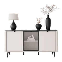 KOMMODE auf F&uuml;&szlig;en AUTUMN 2D1W mit Glasfront, Kaschmir / Grauer Stein