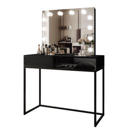 SCHMINKTISCH BLANCO LOFT ELITE mit Spiegel und Beleuchtung Schwarz Hochglanz PUSH OPEN