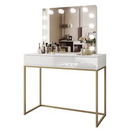 SCHMINKTISCH BLANCO GOLD ELITE mit Spiegel und Beleuchtung Wei&szlig; Hochglanz PUSH OPEN