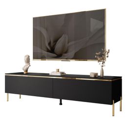 TV-LOWBOARD AURORA Schwarz Matt mit gerade Goldchrom Fu&szlig;e und LED Beleuchtung